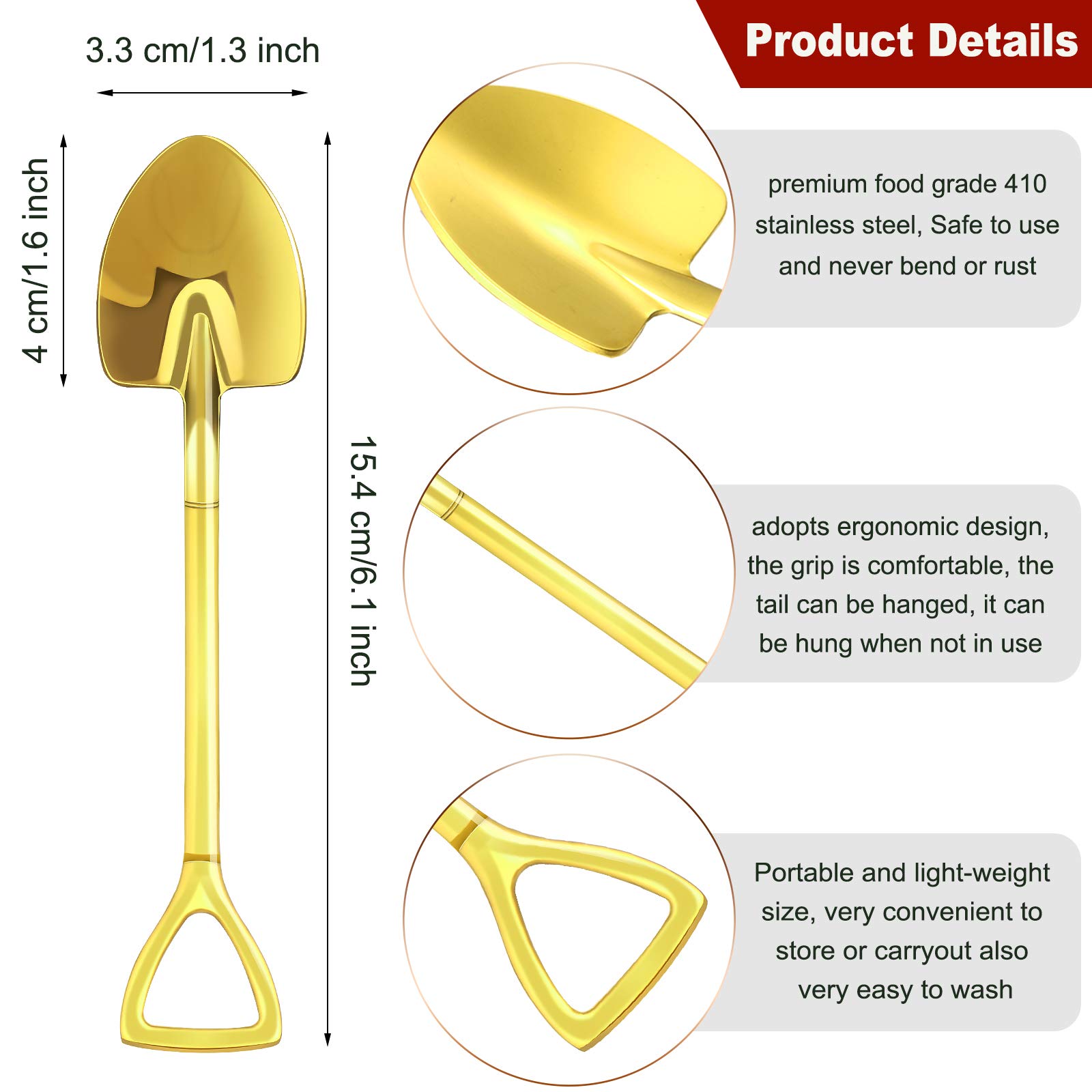 8 Pieces Gold Shovel Shape Spoons Stainless Steel Shovel Shape Coffee Ice Cream Dessert Spoons for Home and Party