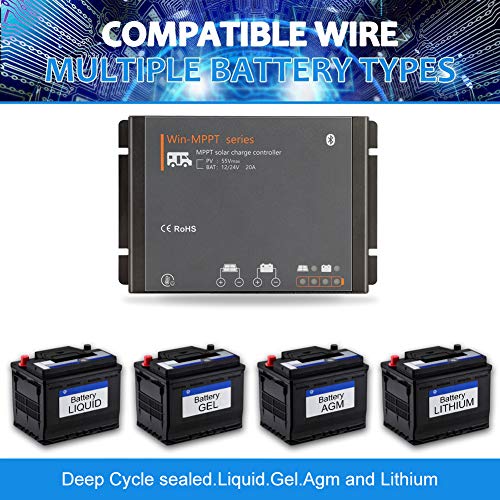 20A mppt Charge Controller, 12V/24V Negative Ground Solar Charge Controller Regulator, Compatible with Bluetooth, Lead-Acid Lithium, RV Boat Truck House System