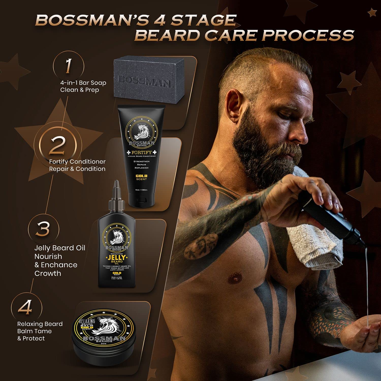 Bossman Fortify Intense Beard Conditioner - Shower Beard Wash, Moisturizer and Beard Softener for Men - Beard Growth Products - Made in USA (Gold Scent), 6 oz