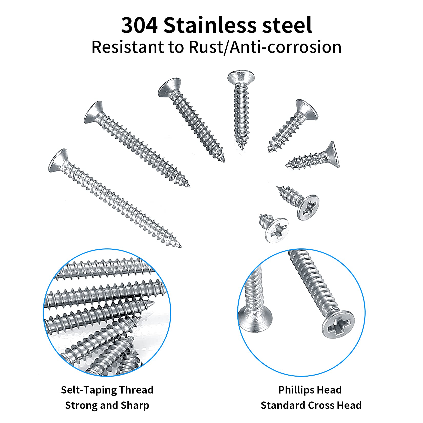 420 Pcs M3 Self Tapping Wood Screws Assortment Kit, Silver Flat Head Wood Screws Fasteners Set, Phillips Drive Countersunk Head Cabinet Drywall Screws for Wood, with 20 Pcs M6 Screw Anchors