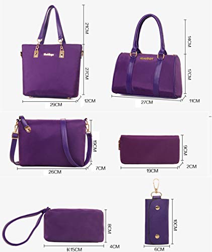 AlwaySky Nylon Women's Shoulder Bag 6 PCS Top-Handle Handbag Tote Purse Wallet Key Case Set (Purple)