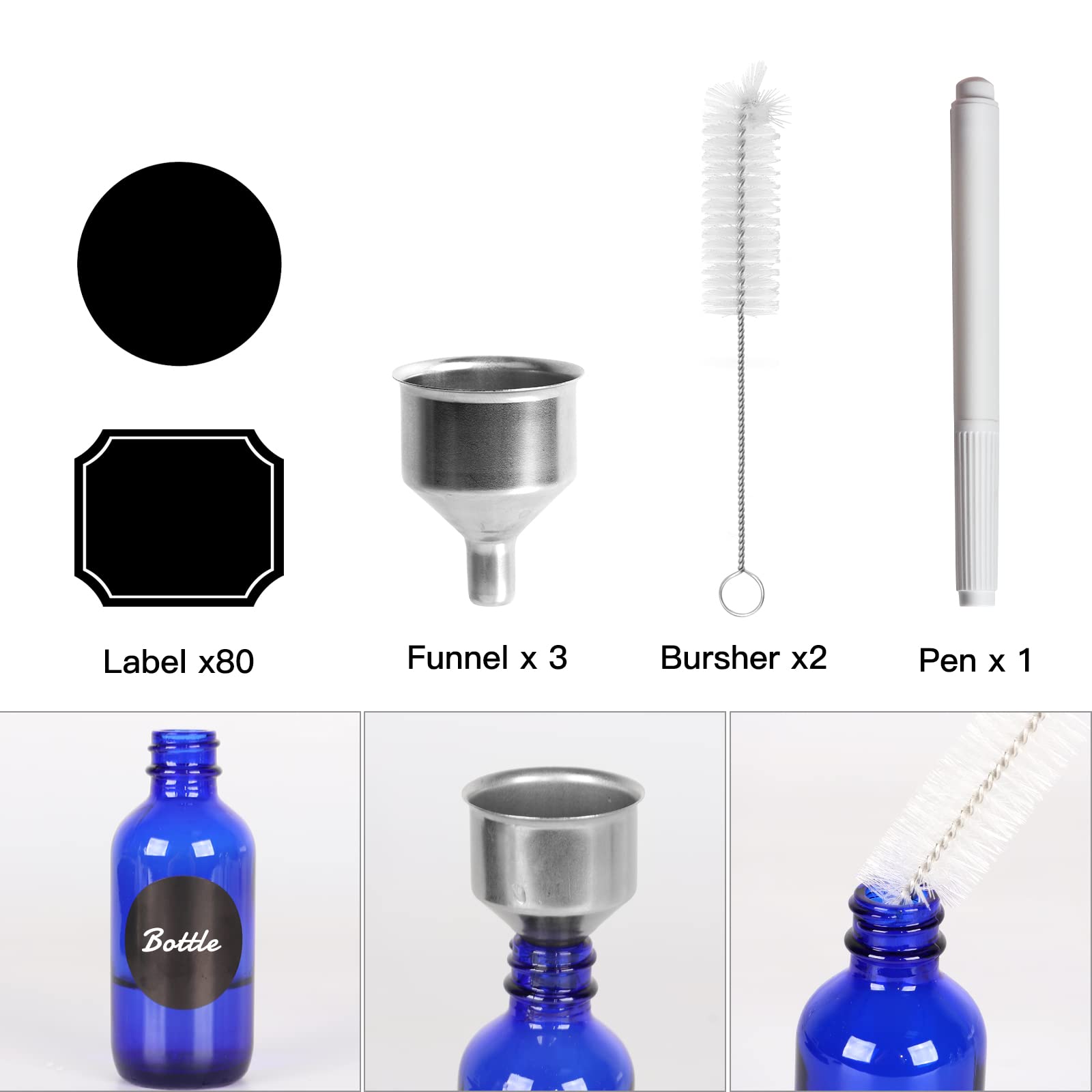 24 Pack 60 ml 2 oz Blue Glass Bottles with Lids, Dispensing Round Boston Bottles for Essential Oils, Hot Sauce, Juice, Liquids,Vanilla Wedding Decor. Include 1 pen, 2 Brush,3 Funnel, 80 Labels.