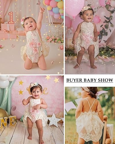 Easisim Newborn Infant Baby Girl Clothes Lace Embroidery Halter Backless Romper Jumpsuit Bodysuit Outfits (Beige,12-18 Months)