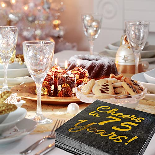 75th Birthday Decorations for Men Women Party Supplies Cocktail Napkins Black Gold 50 Pack,5"x 5" Folded, Cheers to 75 Years!