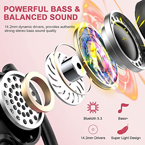 Bluetooth 5.3 Headphones Wireless Earbuds with Mic IP7 Waterproof Sport Earphones Over Ear Buds Stereo Deep Bass with Earhooks, Noise Cancelling Earbud for Workout/Running iOS Android TV Phone Laptop