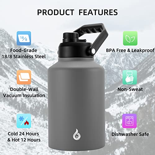 BJPKPK One Gallon(128oz) Insulated Water Bottle, Dishwasher Safe Stainless Steel Thermos, BPA Free Jug with Ergonomic Handle & Anti-slip Bottom, Large Water Bottle, Grey
