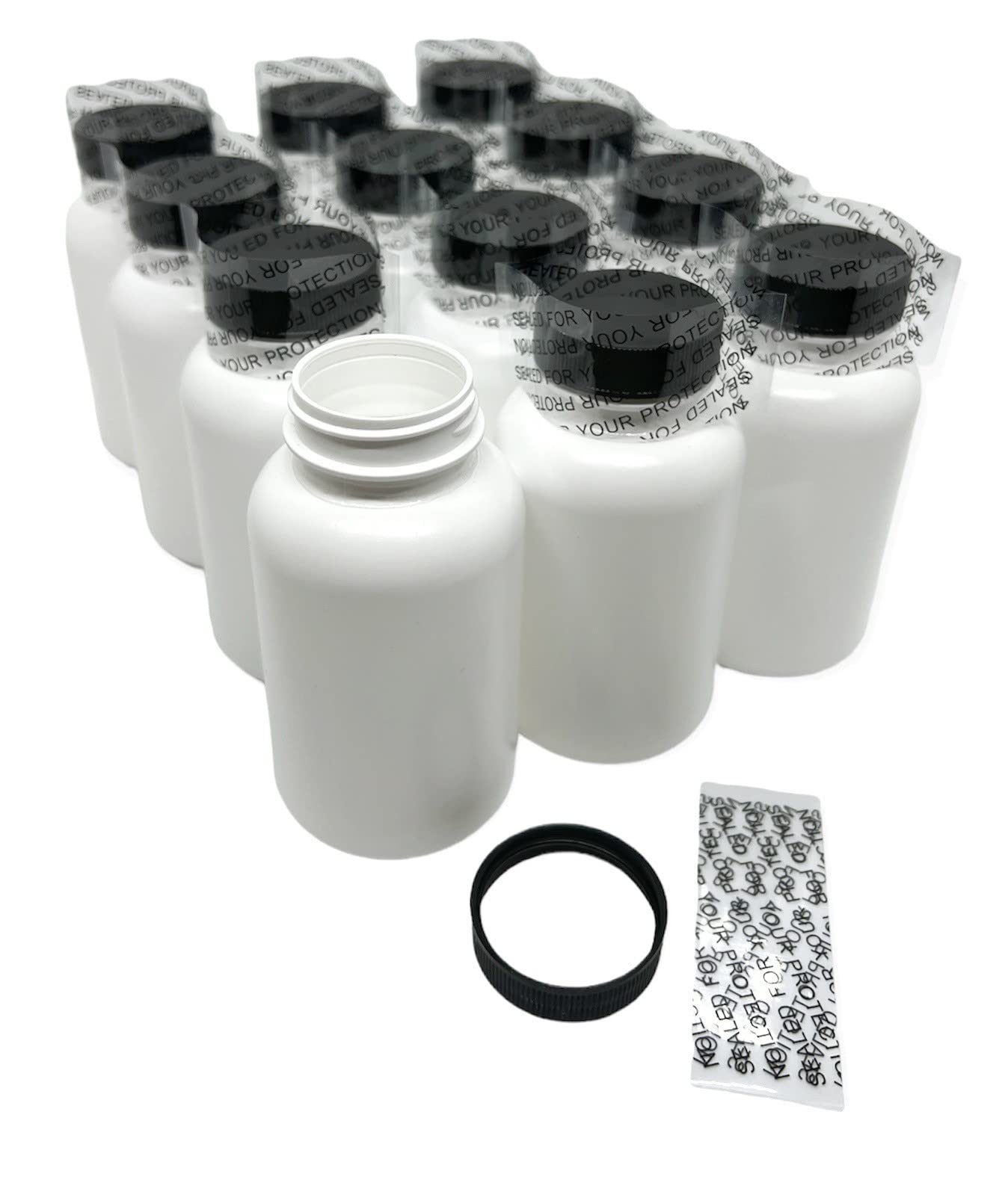 200ml HDPE Pill Packer Bottles - 12 Count with Caps and Tamper Evident Shrink Bands (WHTJARBLKCAP)