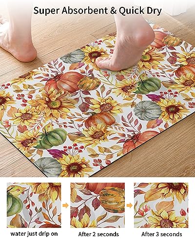 Bathroom Floor Shower Mat, Non-Slip Small Rugs - Easy to Clean, Thanksgiving Pumpkin Sunflower Fall Durable Bath Rug 24"x36" Washable Quick Dry Diatomaceous Earth Mats for Bathtubs