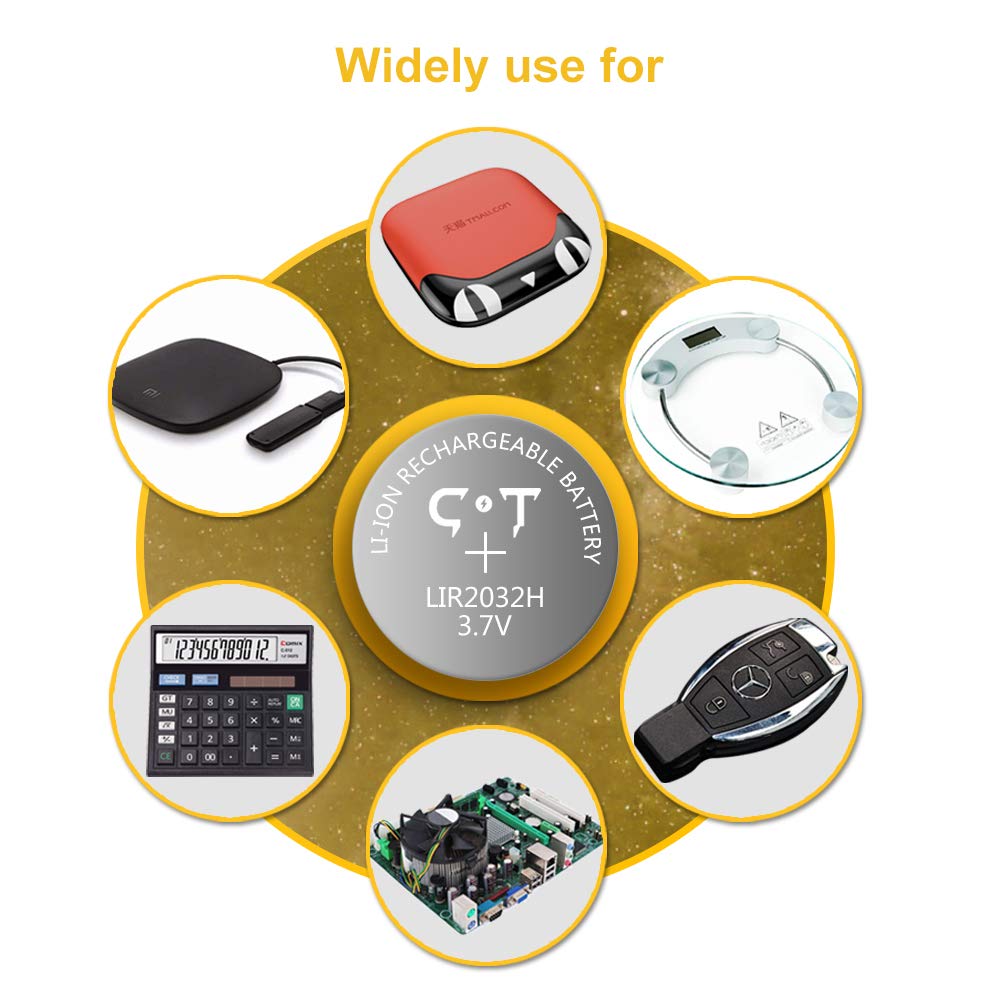 CT-ENERGY LIR2032 Rechargeable Batteries 3.7V with High Capacity 70mA Can Be Replacement of Rechargeable Coin Cell Lithium Batteries ML2032