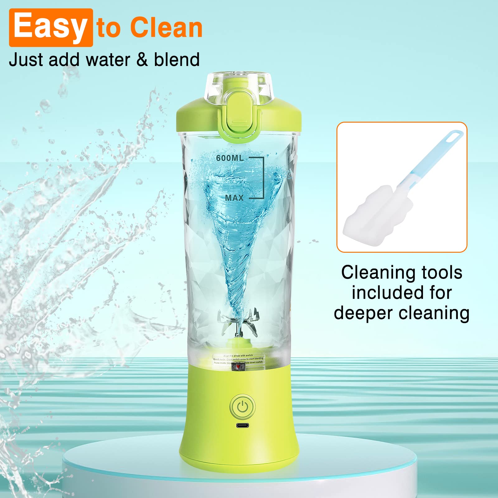 20oz Portable Blender, Personal Size Blender Smoothies and Shakes With 6 Blades, USB Rechargeable Blender Fruit Juicer with 2 Mixing Modes & LED Light, With for Kitchen Outdoor Gym Office (Yellow)