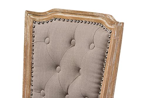 Baxton Studio Estelle Shabby Chic Rustic French Country Cottage Weathered Oak Linen Button Tufted Upholstered Dining Chair, Medium, Beige