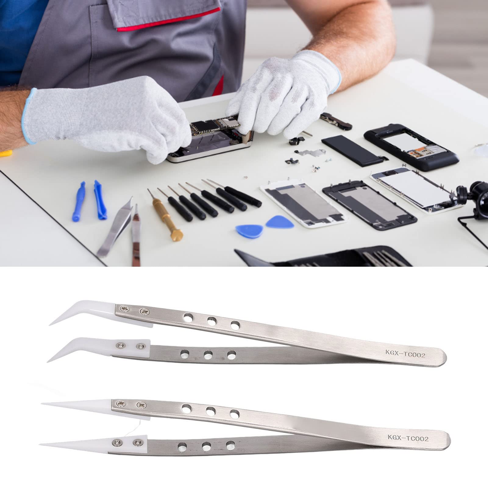 2Pcs Maintenance Tweezers, Straight Tweezers Stainless Steel Ceramic Straight Curved Tweezers Electronic Repair Tools