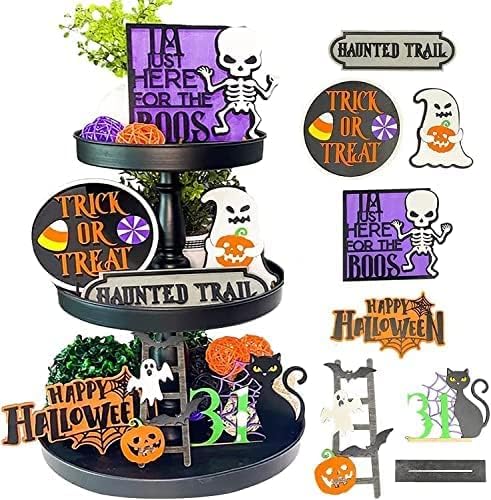 7Pcs Halloween Tiered Tray Decor Set, Farmhouse Rustic Wooden Home Coffee Bar Mini Signs for Halloween Decors, Small Pumpkin Ghost Tiered Tray Stand Vintage Items Bulk