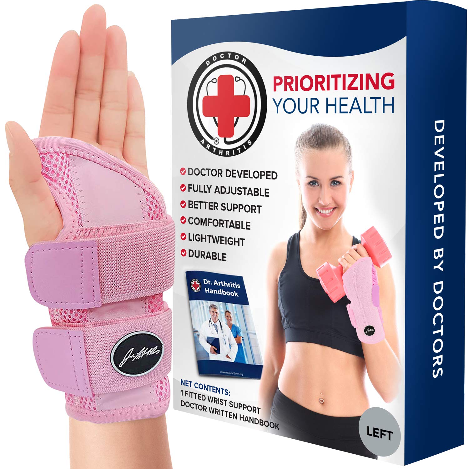 Dr. Arthritis Doctor Developed Fitted Wrist Brace for Carpal Tunnel Syndrome, Tendonitis and other Wrist Conditions, Splint Support Single (Pink, Left Hand)