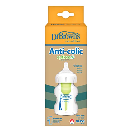 Dr. Brown's Natural Flow Anti-Colic Options+ Wide-Neck Glass Baby Bottle 5 oz/150 mL, with Level 1 Slow Flow Nipple, 1 Pack, 0m+