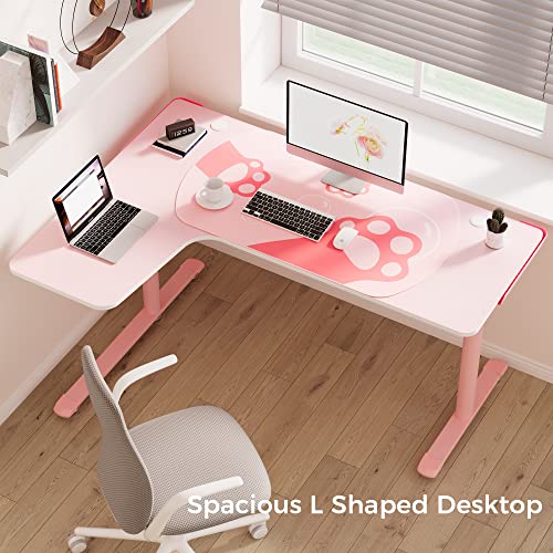 EUREKA ERGONOMIC Pink L Shaped Gaming Desk, 60 Inch Large Home Office Corner PC Computer Table Study Writing Modern Workstation Girls Female Gifts L60 w Mouse Pad Cable Management, Space Saving, Left