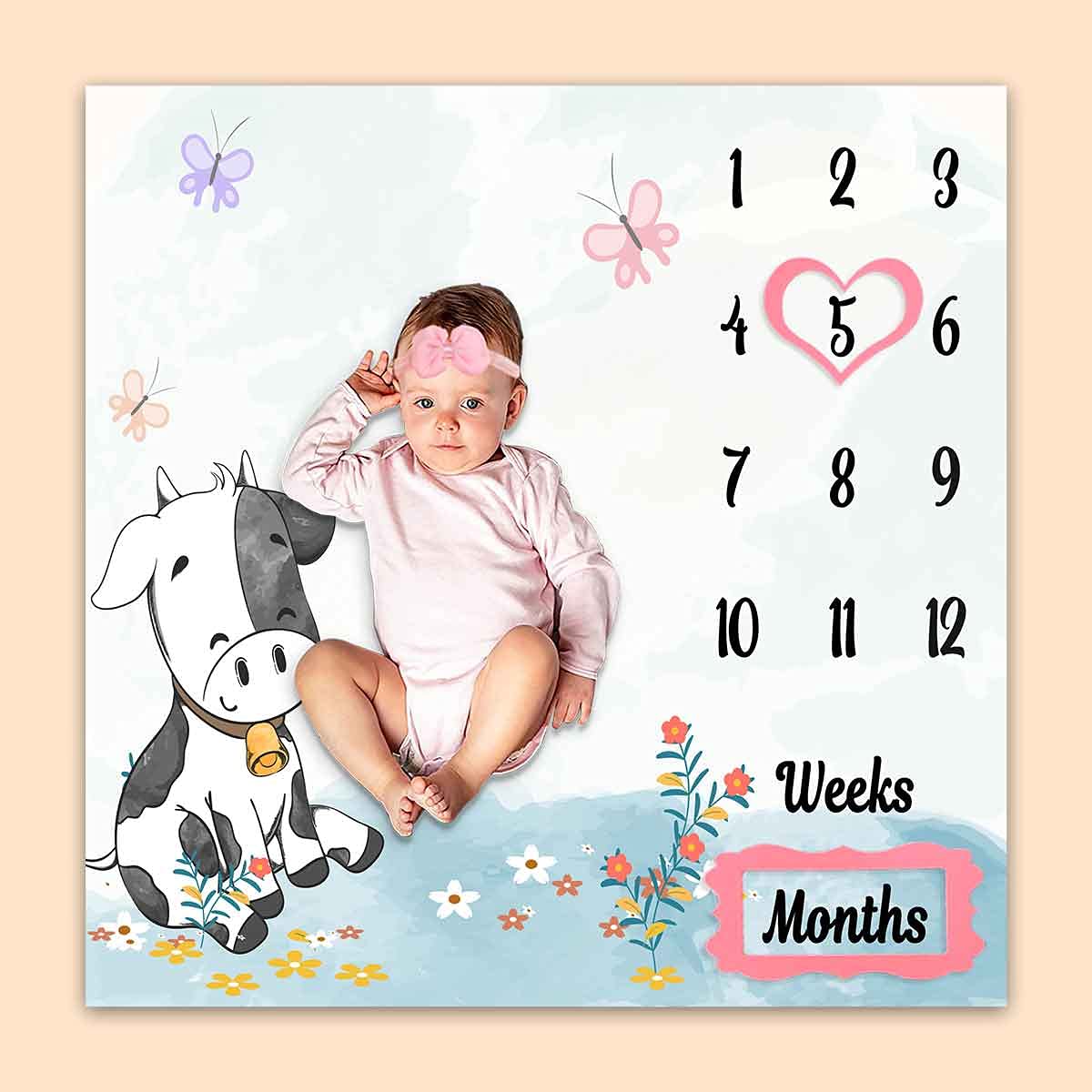 PHMOJEN Cow Baby Monthly Milestone Blanket, Farm Animals Butterflies Grass Flowers, Newborns 1 to 12 Months Unisex Include 4 Frames and 1 Headband 47"x47"BTLSPH503
