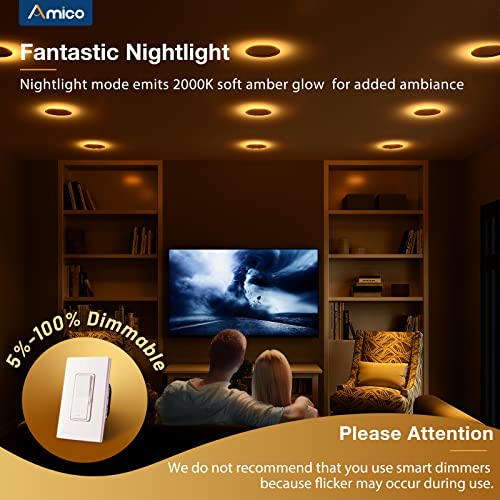 Amico 6 Pack 6 Inch 5CCT LED Recessed Ceiling Light with Night Light, 2700K/3000K/3500K/4000K/5000K Selectable Ultra-Thin Recessed Lighting, 12W=110W, 1100LM, Dimmable Canless Wafer Downlight - ETL