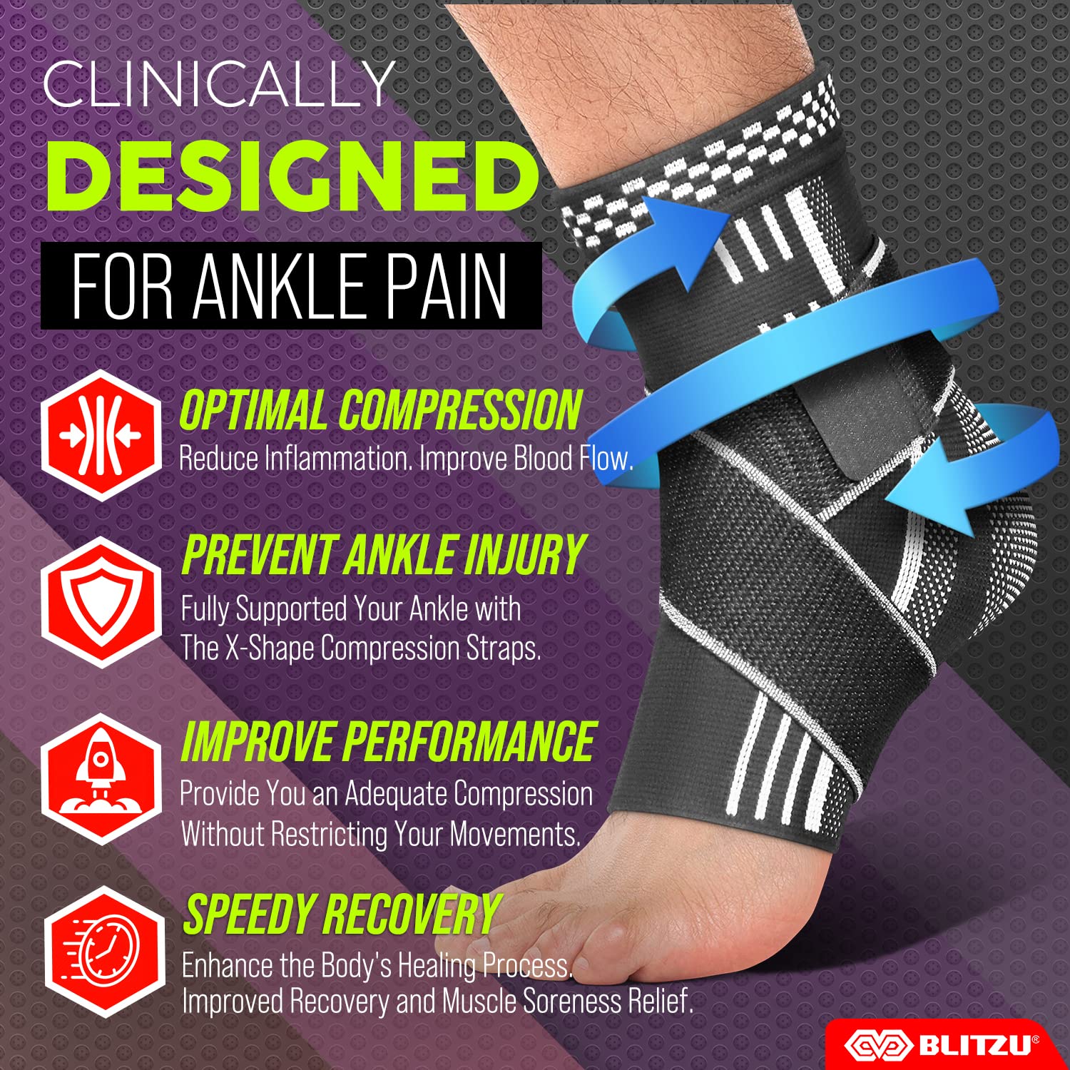 BLITZU Ankle Brace for Women, Men, Plantar Fasciitis Relief, Achilles Tendonitis Brace for Sprained Foot, Ankle Compression Sleeve with Strap Black XL