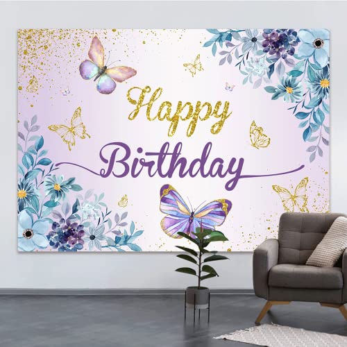 7x5ft Butterfly Happy Birthday Backdrop Purple Butterfly Kisses and Bday Wishes Butterflies Blue Floral Gold Spots Flowers Photography Background for Princess Girl Party Decoration Banner Photo Booth