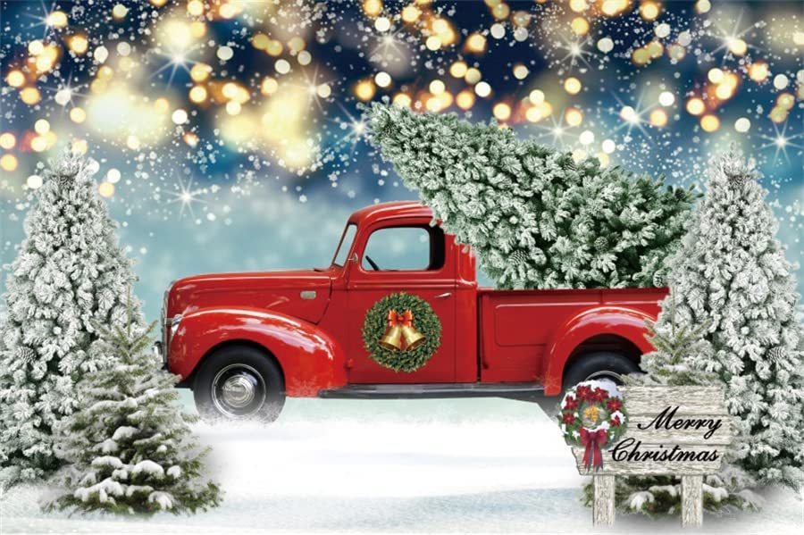 7x5FT Christmas Winter Backdrop Vintage Red Truck with Tree Winter Snowy Forest Tree Background Gold Glitter Dot Decoration Xmas Winter Holiday Family Kids Portraits Backdrops Photobooth Props
