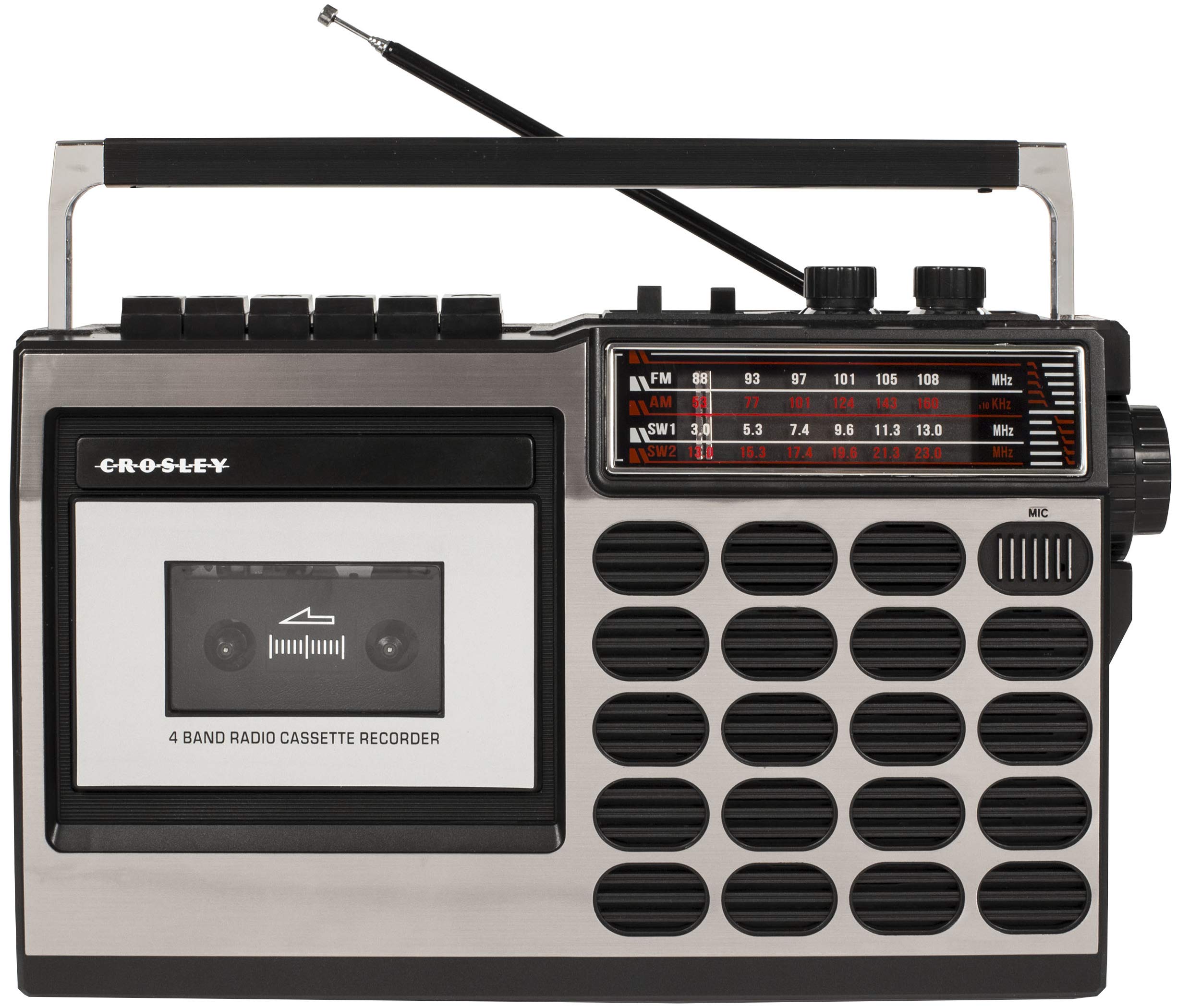 Crosley CT100B-SI Retro Portable Cassette Player with Bluetooth, AM/FM Radio, and Built-in Microphone, Silver