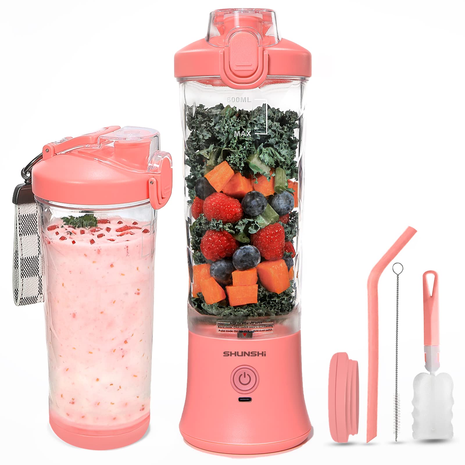 2 Portable Blender, Personal Size Blender for Shakes and Smoothies with 6 Blades Mini Blender 20 Oz for Kitchen,Home,Travel(Pink+Black)