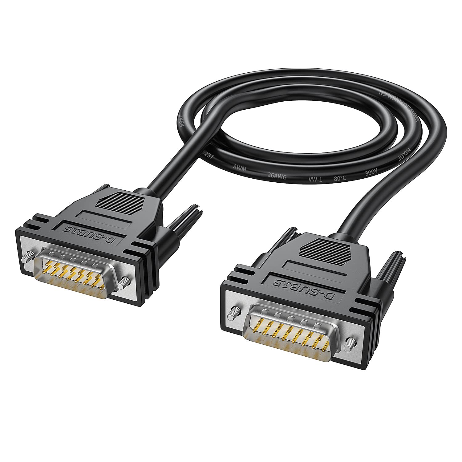 JUXINICE DB15 Male to Male Cable Foil Shielding and Tinned Copper Braid 5 Foot Black D-SUB 15 PIN RS232 Serial Cable 26AWG (5feet /1.5M, Male to Male)
