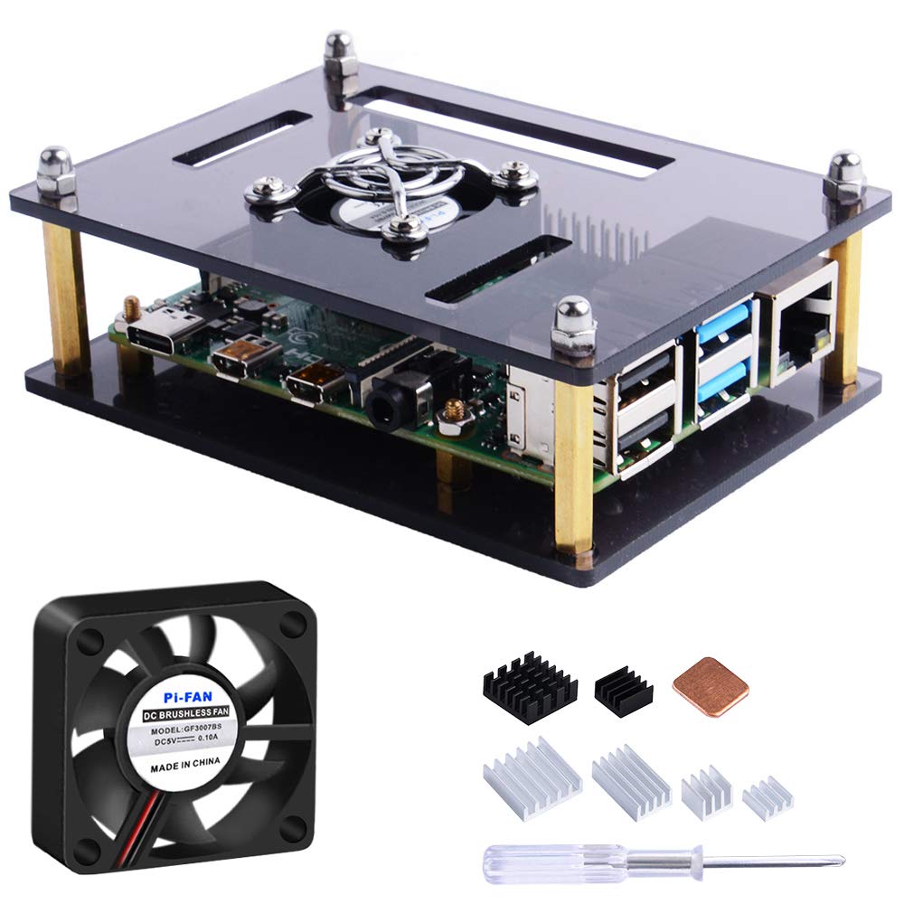 GeeekPi Acrylic Case for Raspberry Pi 4 Model B & Raspberry Pi 3 Model B+, Pi Case with Cooling Fan and 7PCS Heatsinks for Raspberry Pi 4 Model B/Pi 3B+/ Pi 3B/ 2B (Brown)