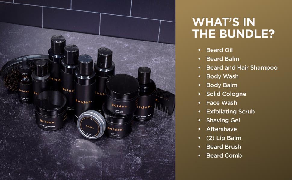 Golden Grooming Co. Complete Men's Grooming Gift Set - Beard Oil, Face & Body Wash, Shampoo, Balms, Moisturizer, Scrub & More