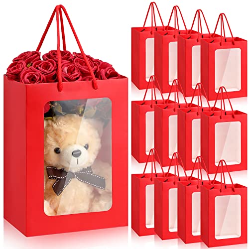 50 Pcs Paper Gift Bags with Transparent Window Clear Gift Bags Empty Gift Basket Flower Bag with Handles for Wedding Bridal Shower Thanksgiving Present Festival Party (Red, 10 x 7.1 x 5.1 Inch)