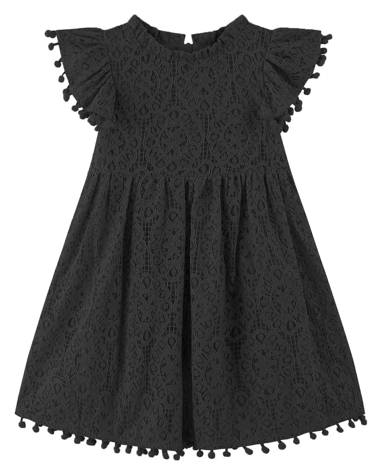 JNKLWPJS Toddler Girls Hollow Lace Pom Pom Flutter Sleeve Princess Party Dress Black 90CM