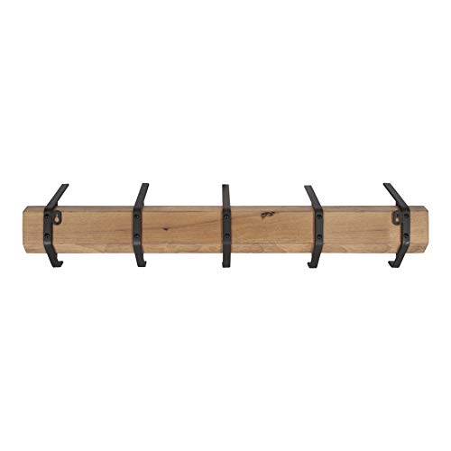 Kate and Laurel Rossmore Farmhouse 5-Hook Wall Hanging Coat Rack, Natural Rustic Wood, Modern Hanging Rack for Coats, Bags, Or Pots and Pans