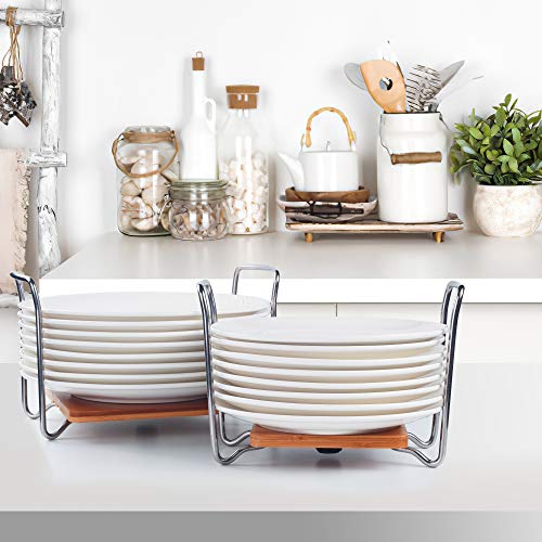 E-ROOM TREND Dish Holder SS304 Small&Large Square Total 2 Pack for 6" to 13" Plates Organizer Upgrade Thicken Bamboo Adjustable Size Easy Carried Handles Storage Rack for RV Cabinets Shelf (A018)