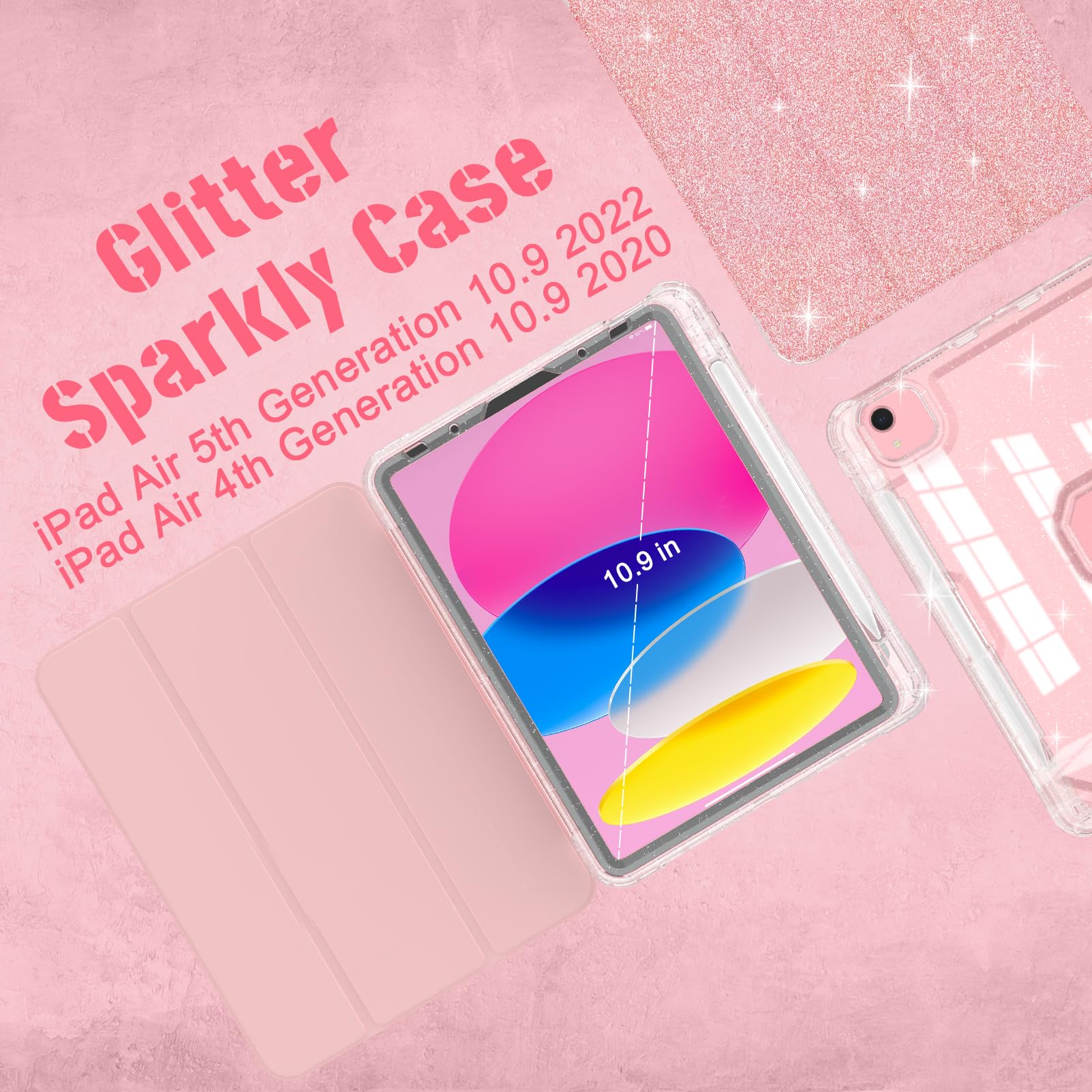 iPad Air 11 Inch Case 2024, iPad Air 5th/4th Gen Case 2022/2020 10.9 Inch with Pencil Holder, Auto Wake/Sleep, Sparkly Glitter Trifold Stand Leather Cover with Shiny Clear TPU Back, Rose Gold