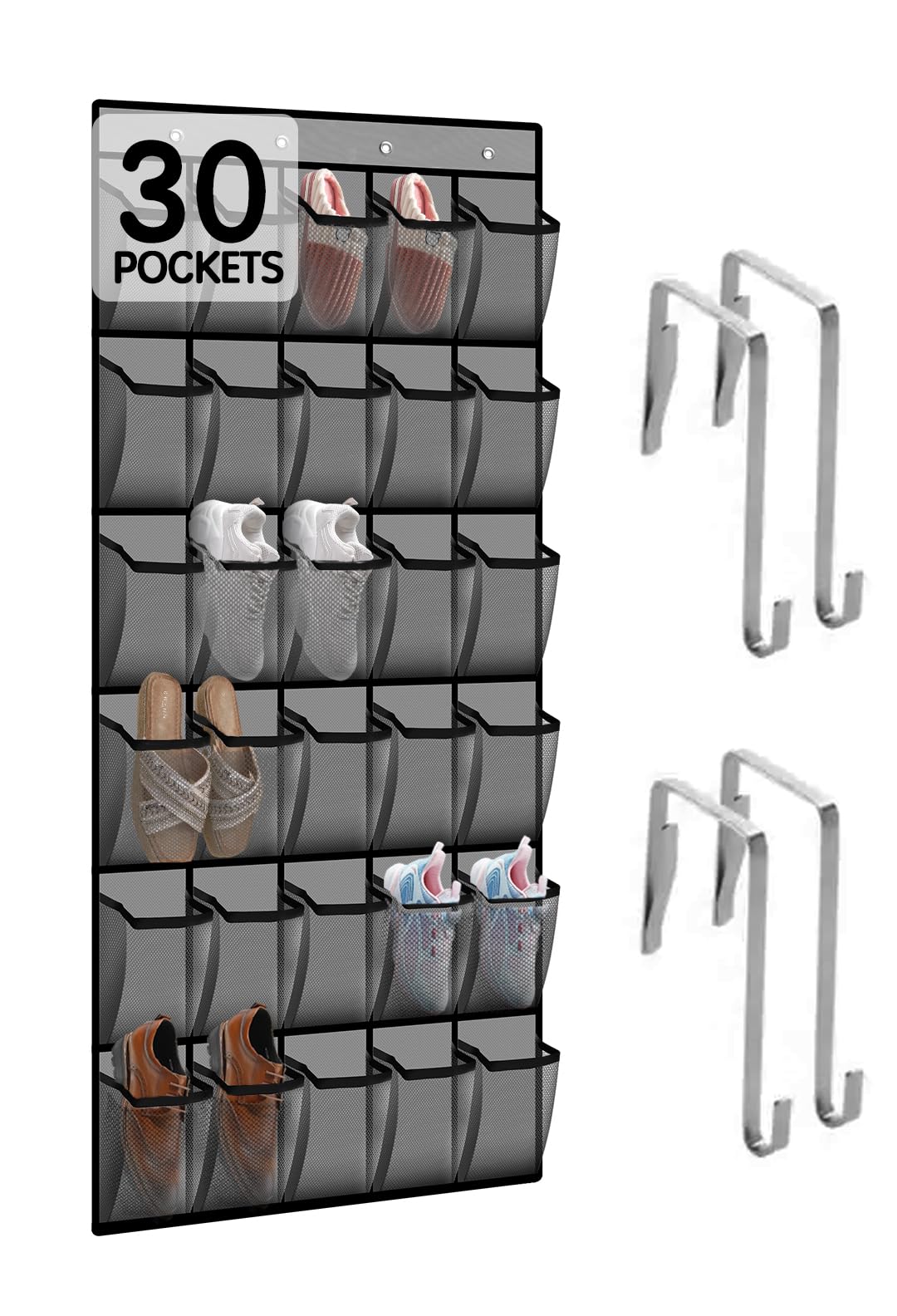 30 Compartment Breathable Mesh Pocket Over the Door Hanging Shoe Organizer, Closet Shoe Organizer, Large Men's and Women's Shoe Organizer, Hanging Over the Door Shoe Organizer (Gray)