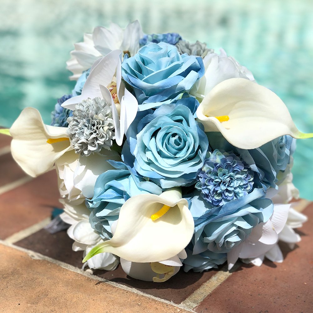 Abbie Home Real Touch Calla Lily Dahlia Bridal Bouquets Crystal Light Blue Ribbon Beach Wedding Rose Flowers Décor (B Round Bouquet)