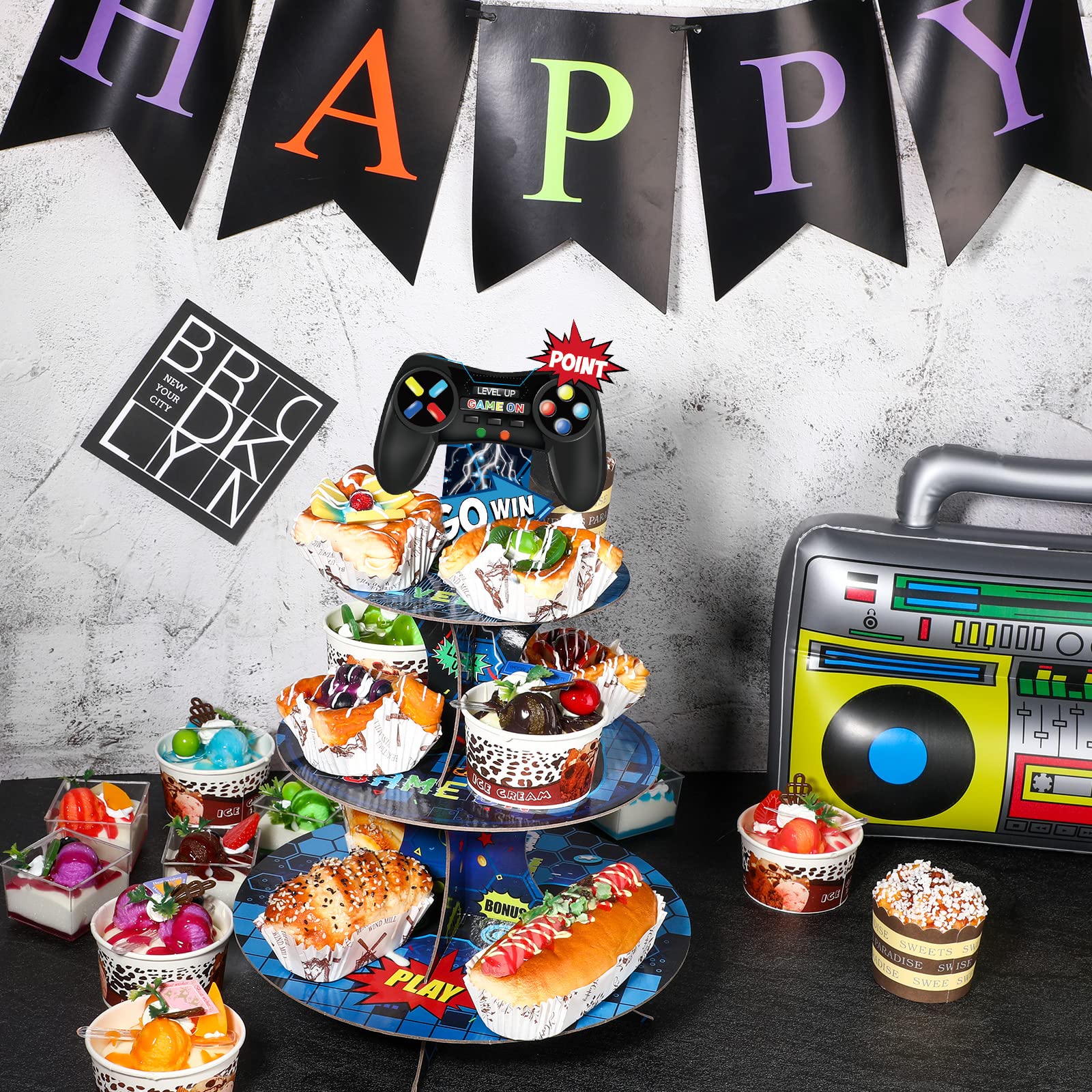 3-Tier Video Game Cupcake Stand Reusable Mini Game Theme Cake Stand Cardboard Gamer Cupcake Holder Stand for Birthday Theme Party Supplies Dessert Stand (Blue, Classic Style)