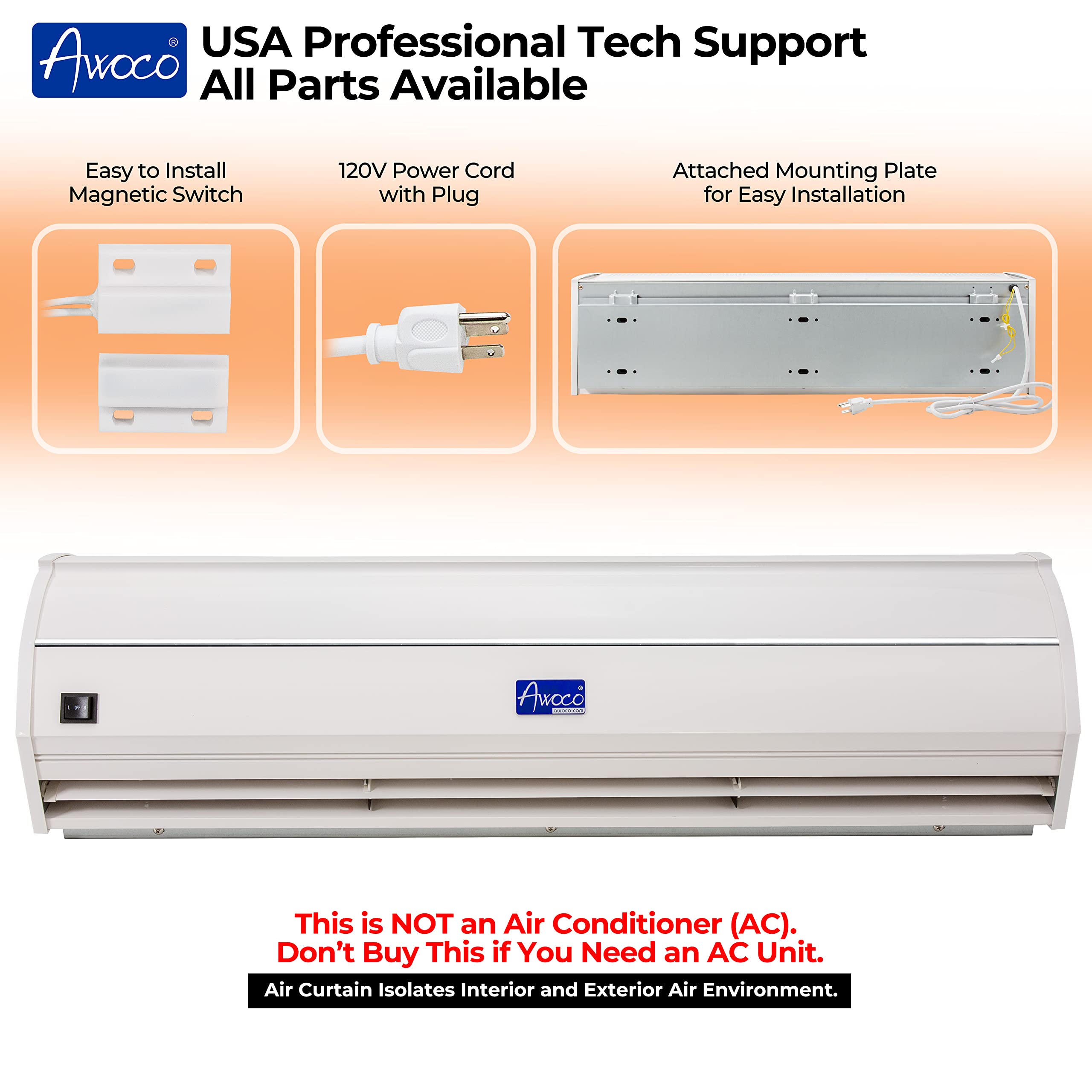 Awoco 36" Elegant 2 Speeds 900 CFM Unheated Indoor Air Curtain with an Easy-Install Magnetic Door Switch