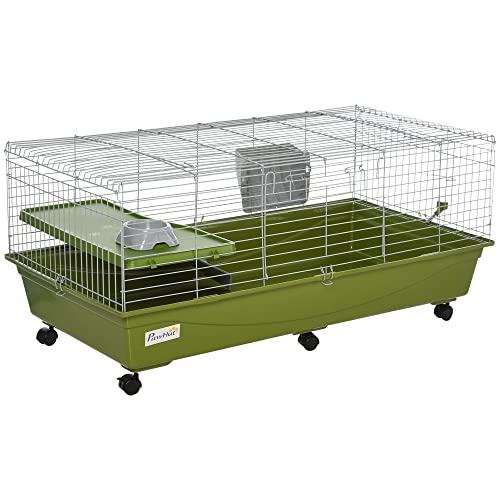 PawHut 47" Small Animal Cage Chinchilla Guinea Pig Hutch Ferret Pet House with Platform Ramp, Food Dish, Wheels, & Water Bottle