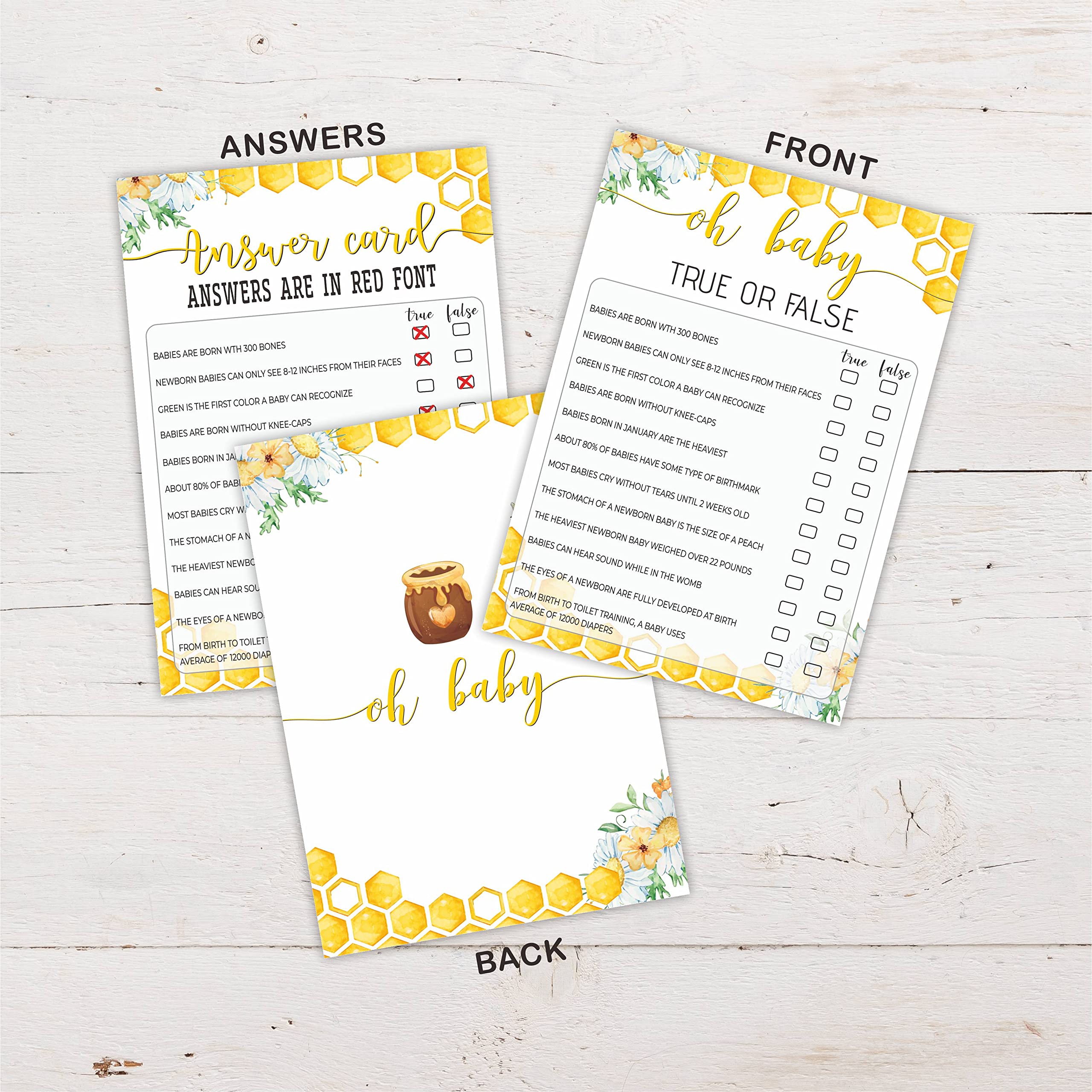 30 Honey Bee Themed Baby Shower Game Cards with an Answer Card, Baby True or False double sided (5 X 7 inches)-(BABYYX-006)