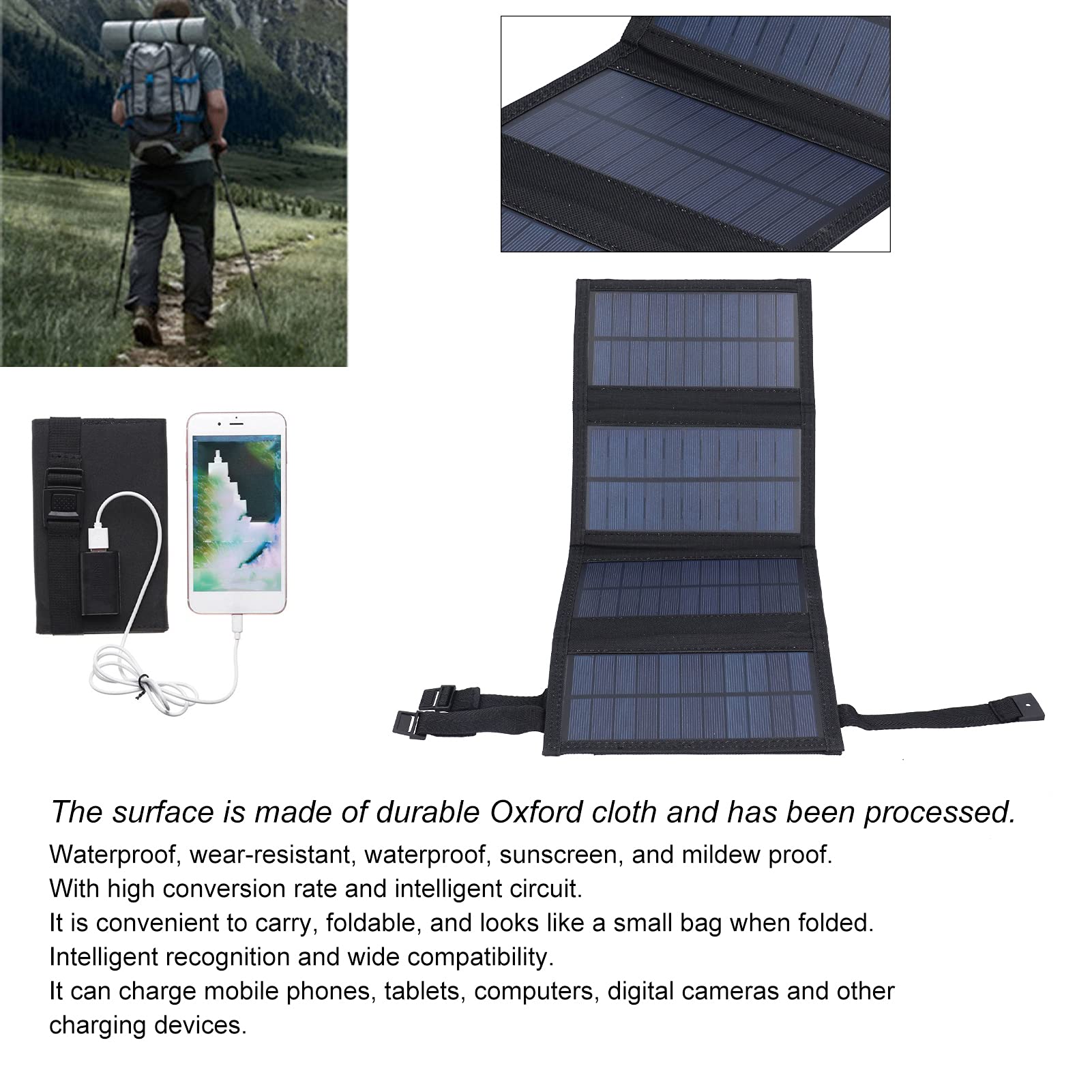 20W USB Solar Panel, Foldable Portable Polycrystalline Solar Cells Charger for Mobile Power Supplies, Laptops, Tablets, GPS (Black)