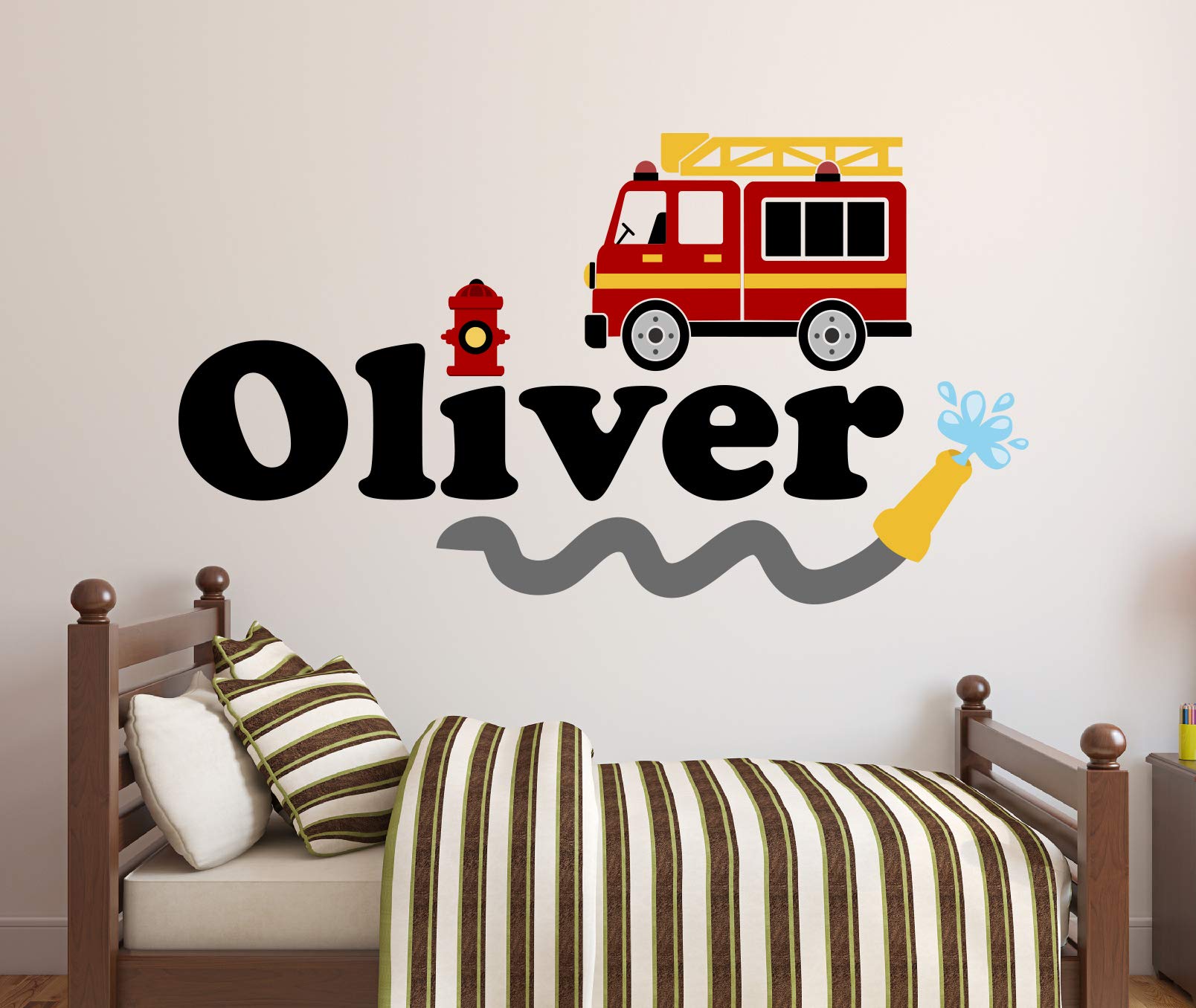 Custom Name Firetruck Wall Decal - Firetruck Wall Decals - Boys Kids Wall Decal - Nursery Wall Decals - Fire Truck Vinyl Wall Art Decor Sticker (24"W x 14"H)
