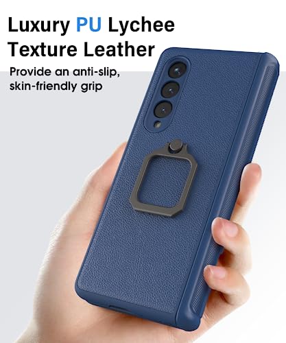 ATATOO for Samsung Galaxy Z Fold 3 Case, Z Fold3 Case Built-in Screen Protector & Hinge Protection & Kickstand, Durable Anti-Scratch Full Body Protection Leather Phone Case for Galaxy Z Fold 3,Blue