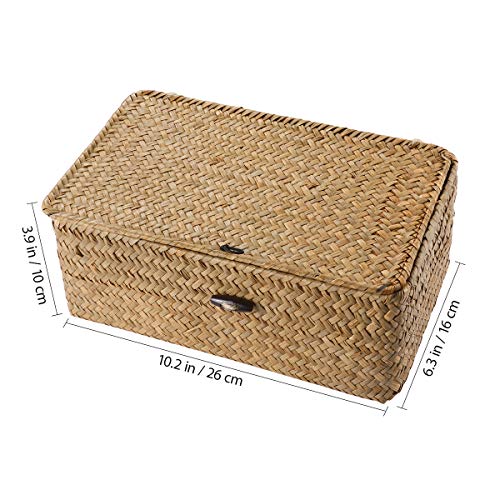 Hand Woven Rattan,Home Storage Basket Box with Lid & Removable Fabric Lined Interior, Seagrass Basketfor Shelf Organizer