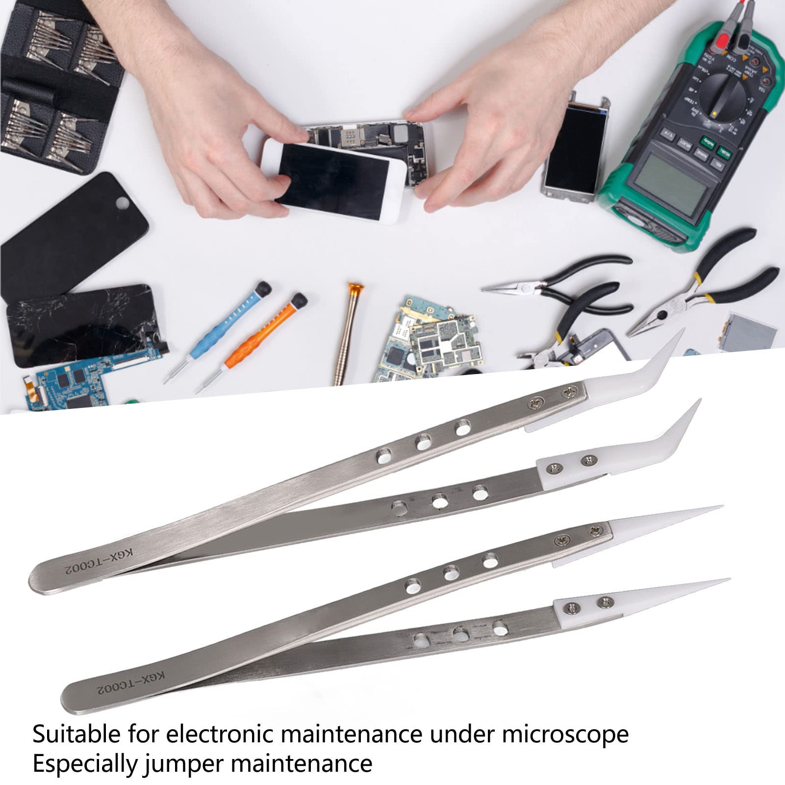 2Pcs Maintenance Tweezers, Straight Tweezers Stainless Steel Ceramic Straight Curved Tweezers Electronic Repair Tools