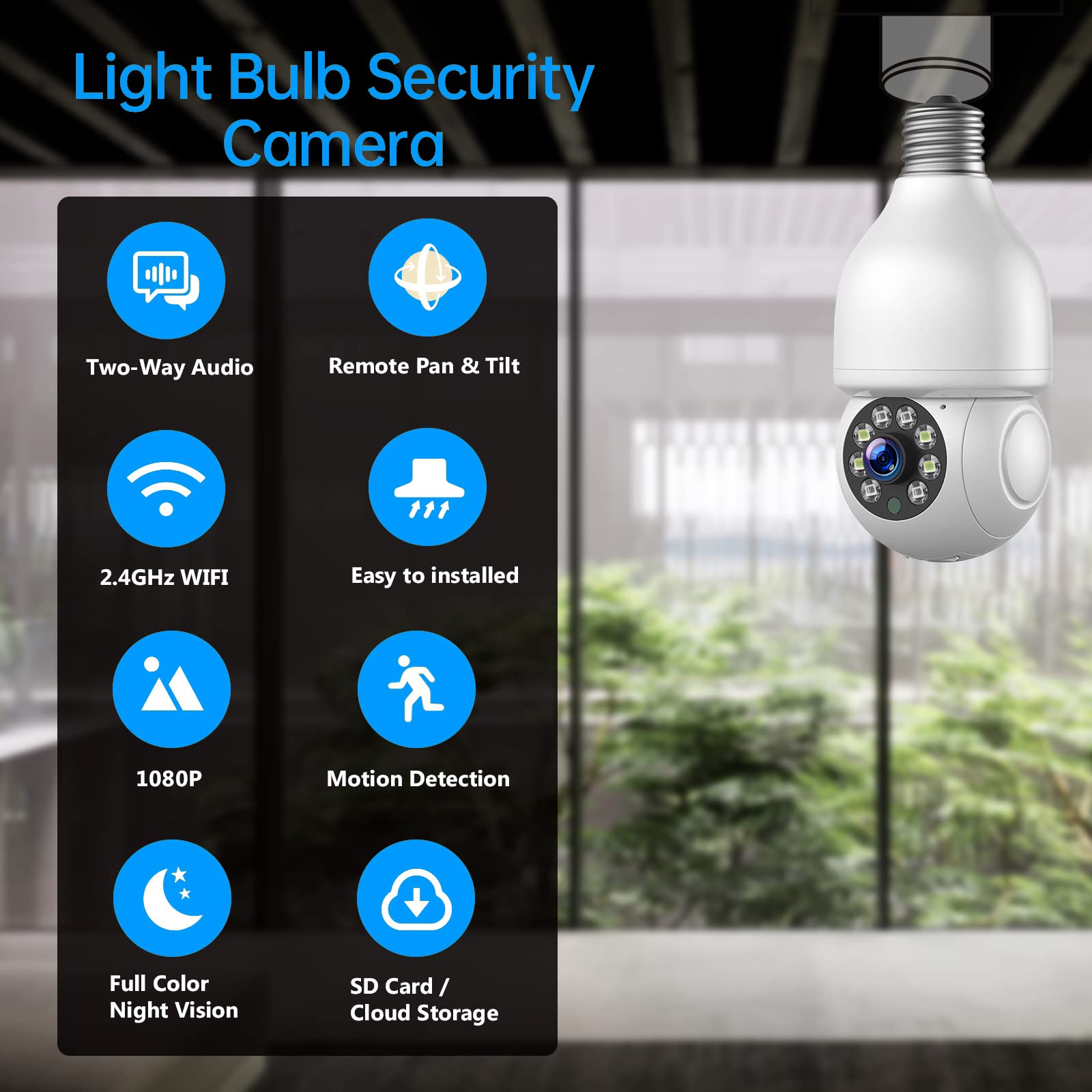 2.4GHz WiFi Light Bulb Security Camera,1080P Light Socket Camera, Outdoor Indoor Wireless Security Camera,Full Color Night Vision, TwoWay Dialogue,Motion Tracking,Alexa Support