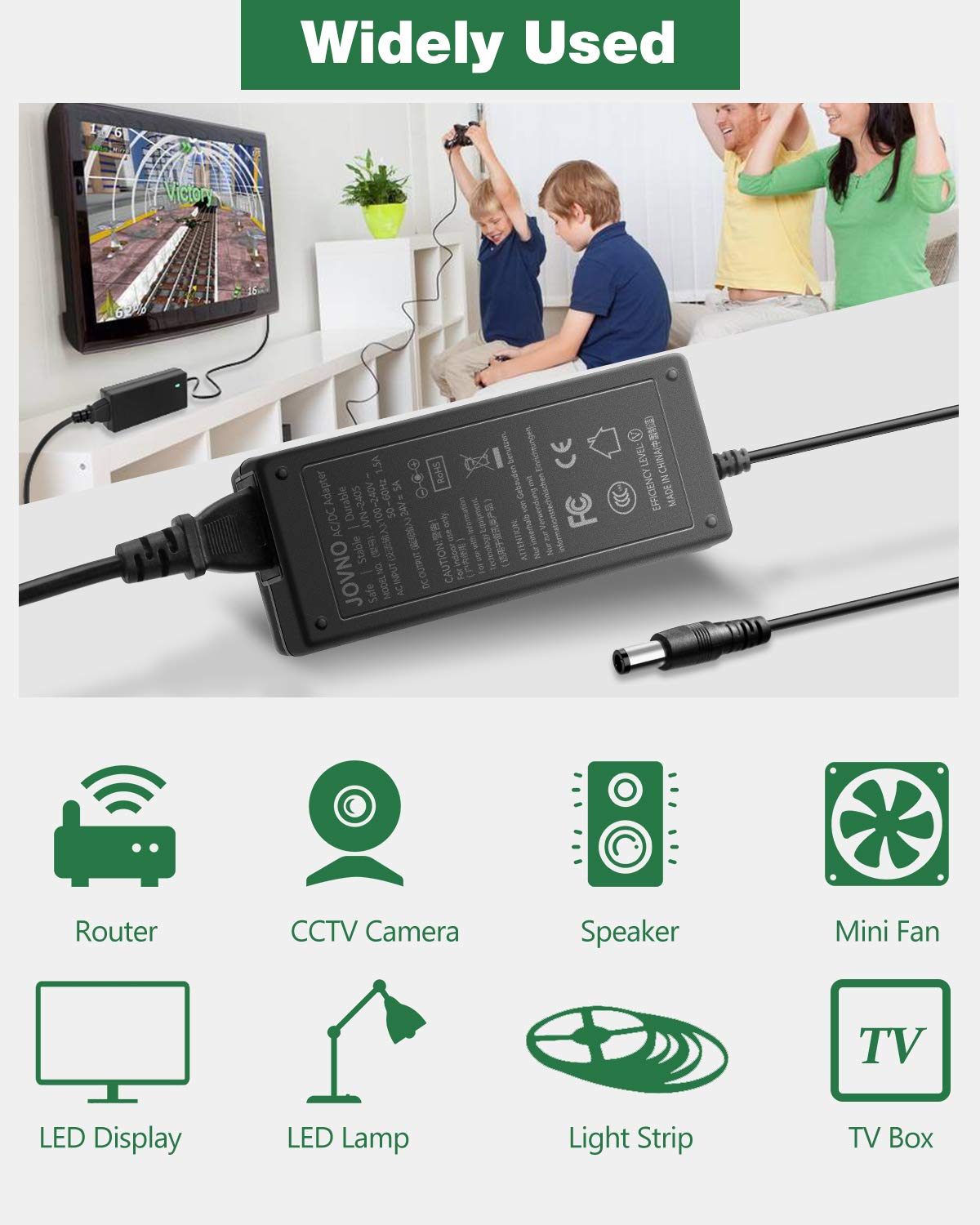JOVNO 24V 5A Power Supply Adapter 100-240V AC to DC 24 Volt 120W 5A 4.5A 4A 3.5A Transformer Converter LED Driver with 5.5x2.5mm Plug 7.5ft Power Cord for LED Strip DC Pump CCTV Cameras LCD Monitor