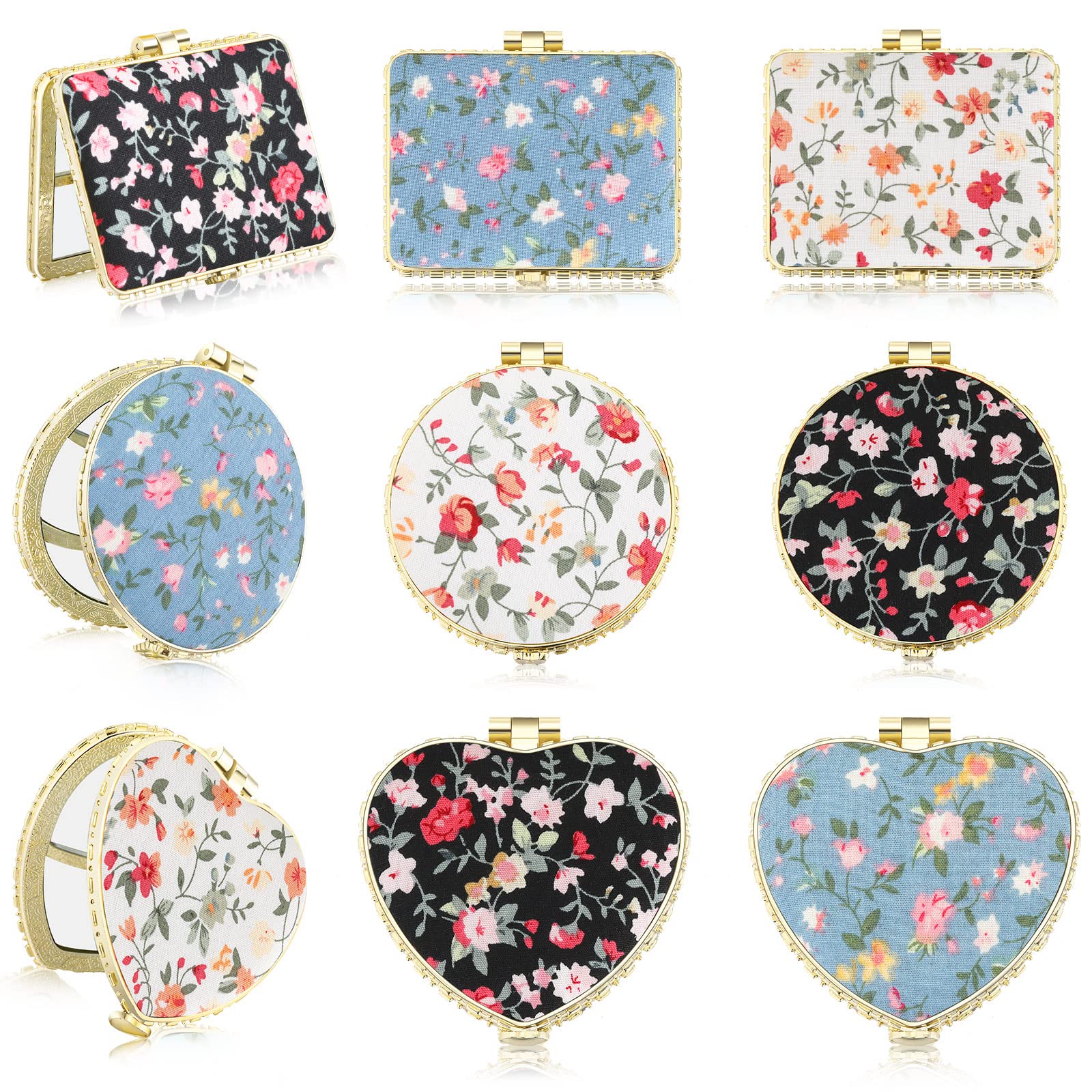 9 Pcs Retro Compact Mirrors Portable Compact Travel Mirror Flowers Folding Mirrors Vintage Purse Mirrors Floral Pocket Mirror for Women Girls Beauty, Round, Square, Heart (Gold Edge,Flower Pattern)