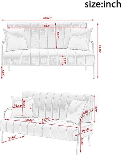 60" Contemporary Loveseat Sofa with 2 Pillows Modern Upholstered Twin Size Small Loveseat Couch Accent Sofa for Small Spaces Cashmere Sofa Couch with Golden Metal Legs for Bedroom Living Room (Pink)